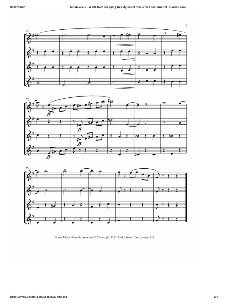 Tchaikovsky - Waltz From Sleeping Beauty Sheet Music For Flute Quartet ...