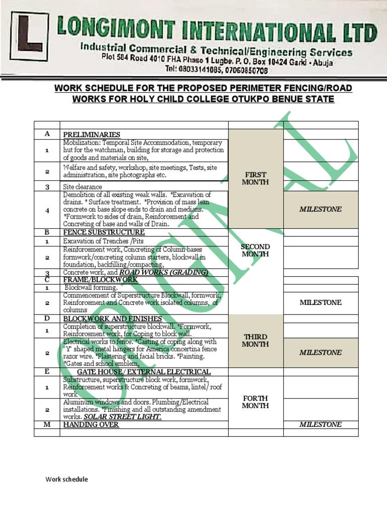 Work Schedule For The Proposed Perimeter Fencing | PDF | Wall | Concrete
