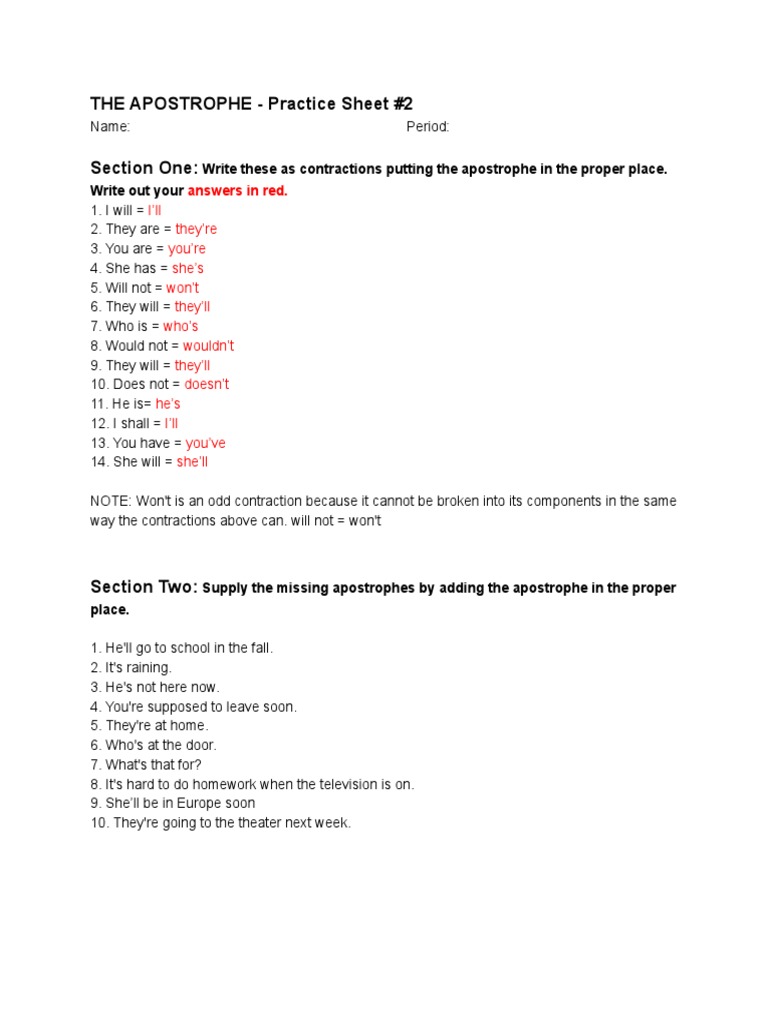 Apostrophe Practice Sheet #2 | PDF