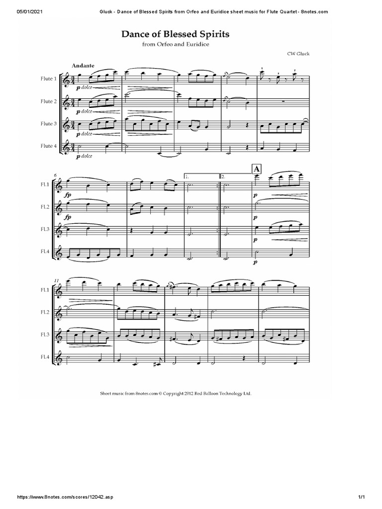 Gluck - Dance of Blessed Spirits From Orfeo and Euridice Sheet Music ...