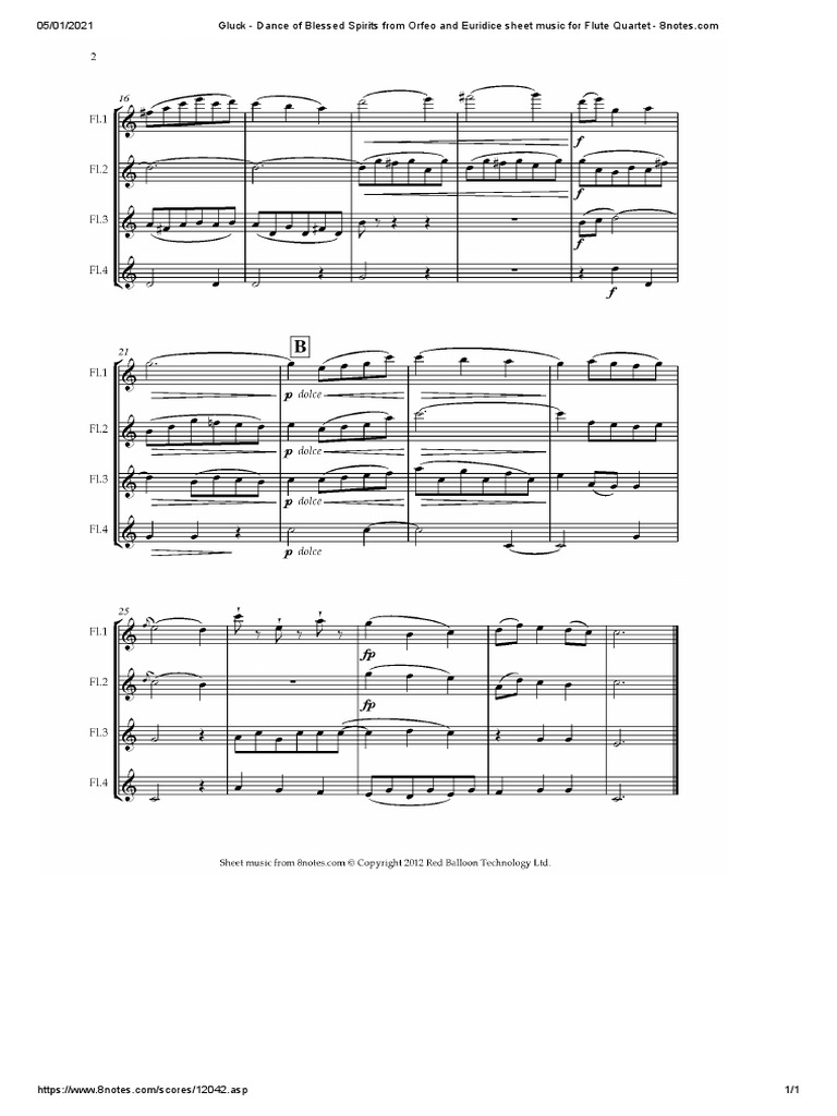 Gluck - Dance of Blessed Spirits From Orfeo and Euridice Sheet Music ...