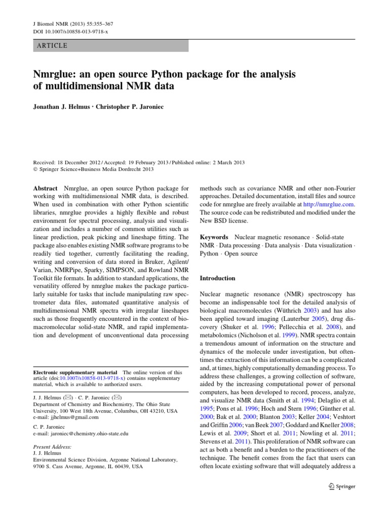 Nmrglue: An Open Source Python Package For The Analysis of Multidimensional NMR Data | PDF ...