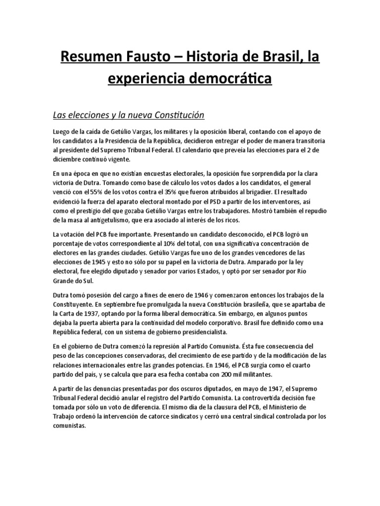 Resumen Fausto - Historia de Brasil, La Experiencia Democrática | PDF | Brasil | Inflación
