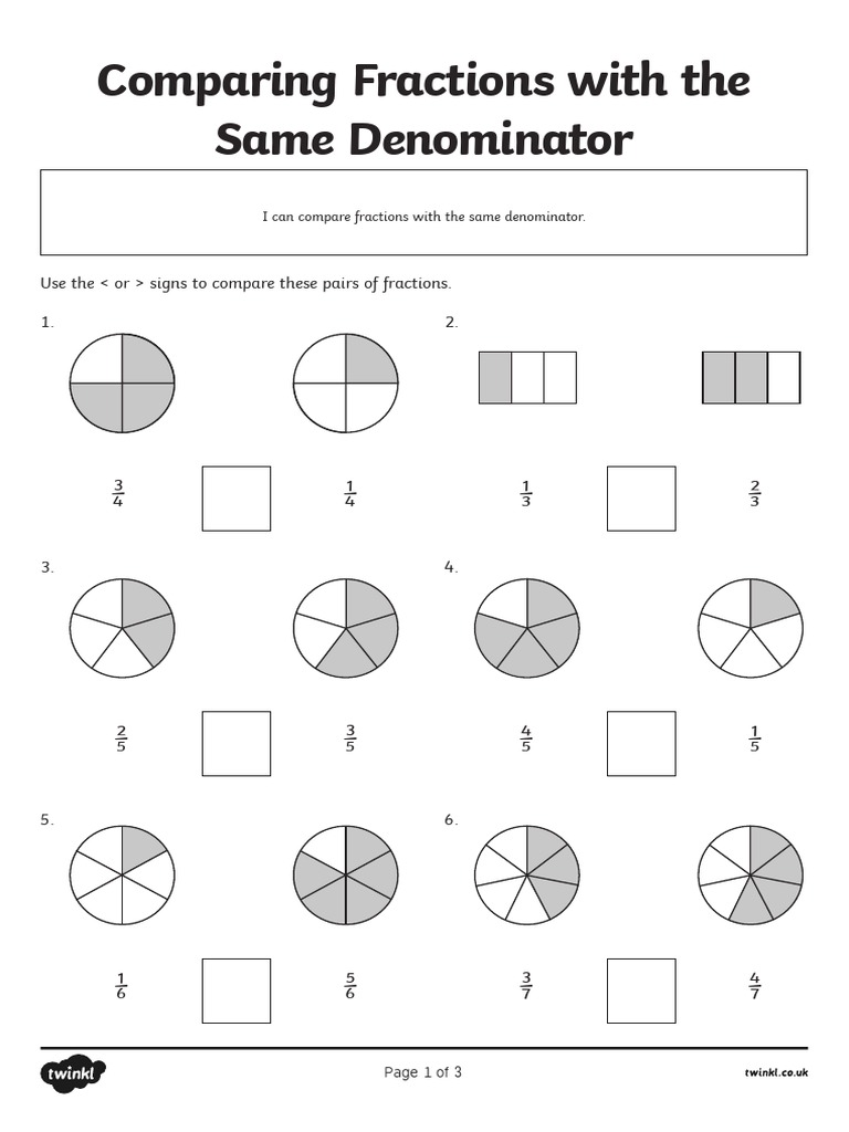 Comparing Fractions With The Same Denominator Activity Sheet 1 | PDF