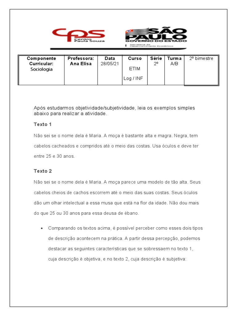 Objetividade e Subjetividade - Atividade I para Nota | PDF