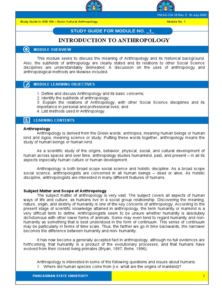 Introduction To Anthropology: Study Guide For Module No. - 1 | PDF ...