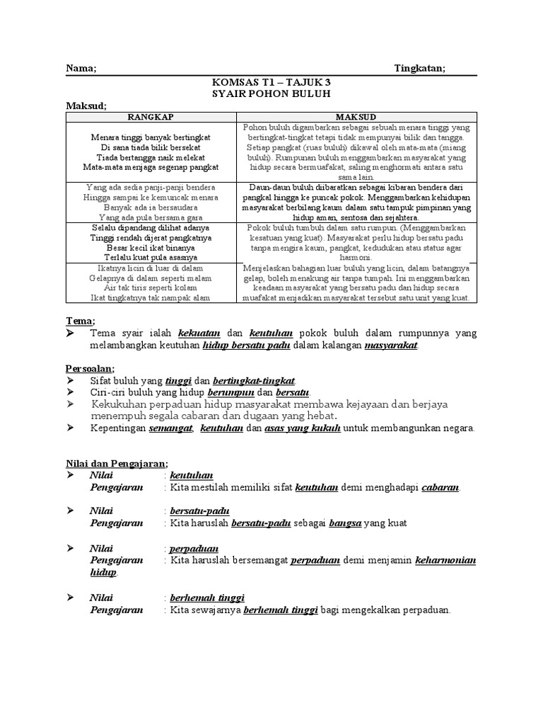 Komsas T1 - Tajuk 3 (Syair Pohon Buluh) | PDF