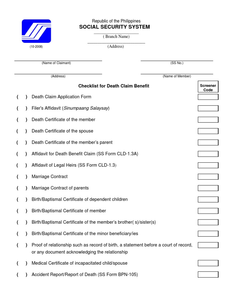 Checklist For SSS Death Benefit Claim | PDF | Identity Document ...