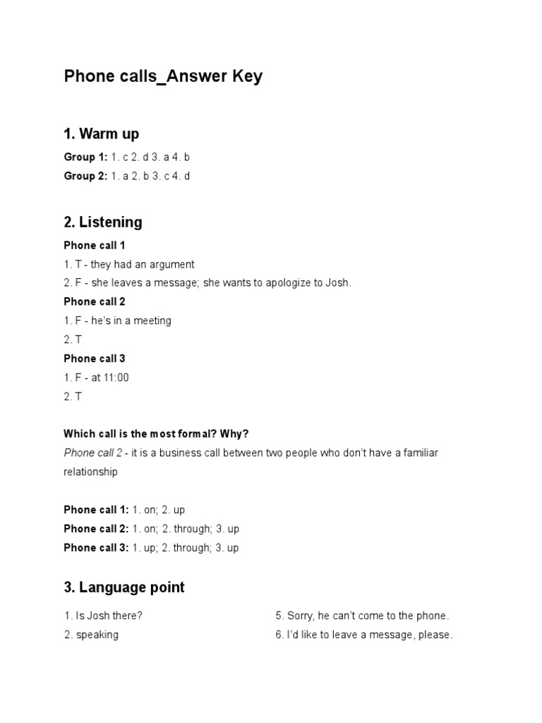 Phone Calls - Answer Key | PDF
