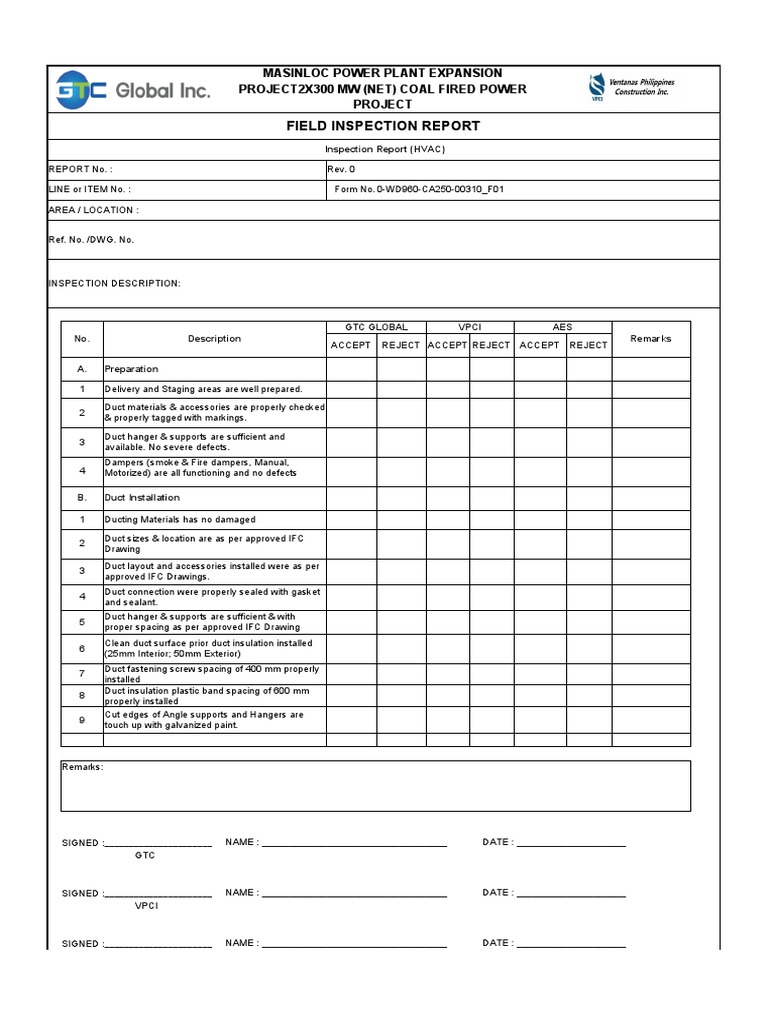 Inspection Checklist For Hvac (DUCT) | PDF | Duct (Flow) | Home Appliance