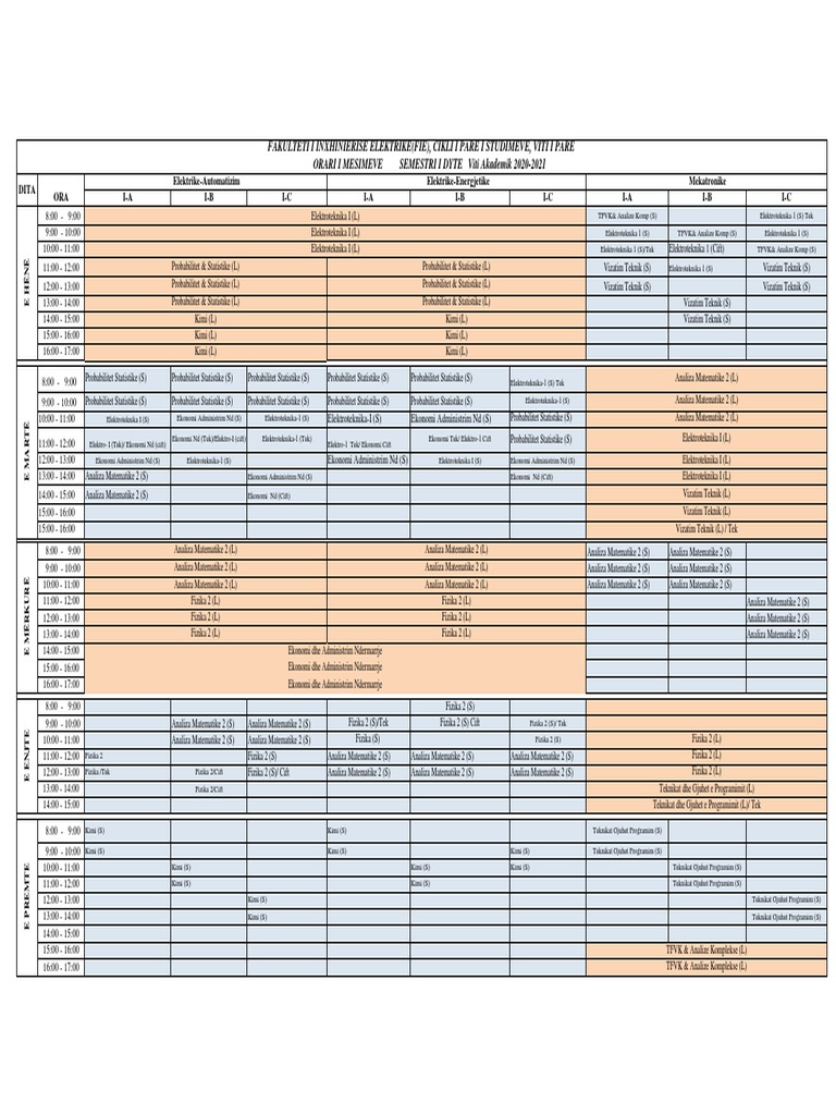 Course Schedule for First Year Students of Electrical Engineering at ...