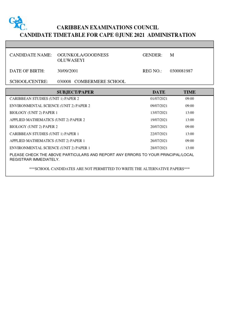 Caribbean Examinations Council Candidate Timetable For Cape ®june 2021 ...