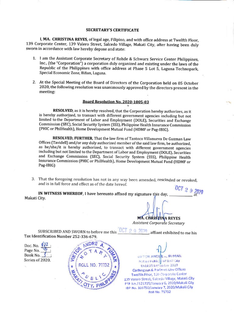 RSSCPI 2020 1005-03 Sec Cert Authorization of Tavidell | PDF ...