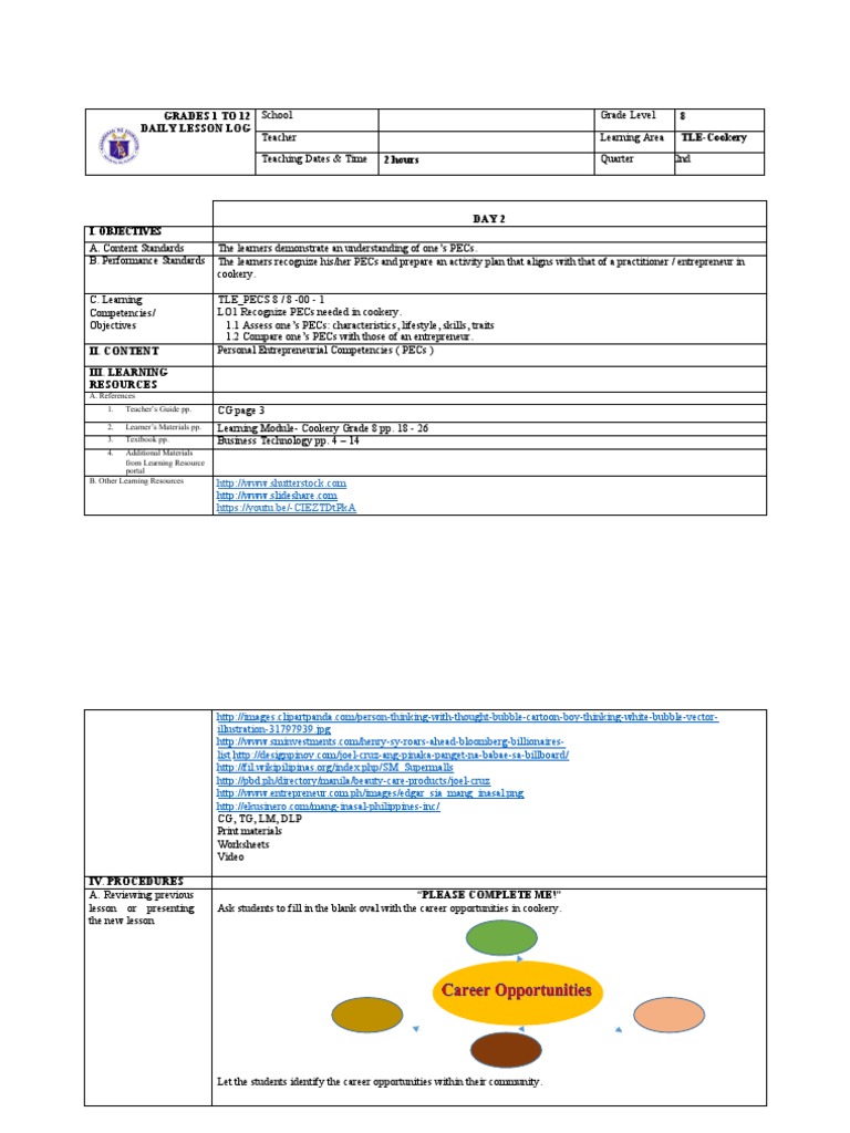DLL - Cookery Grade 8 Po | PDF | Entrepreneurship | Change