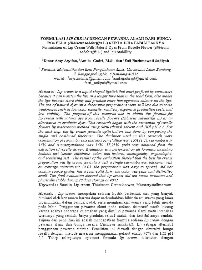 Formulasi Lip Cream Dengan Pewarna Alami Dari Bunga Rosella (Hibiscus ...