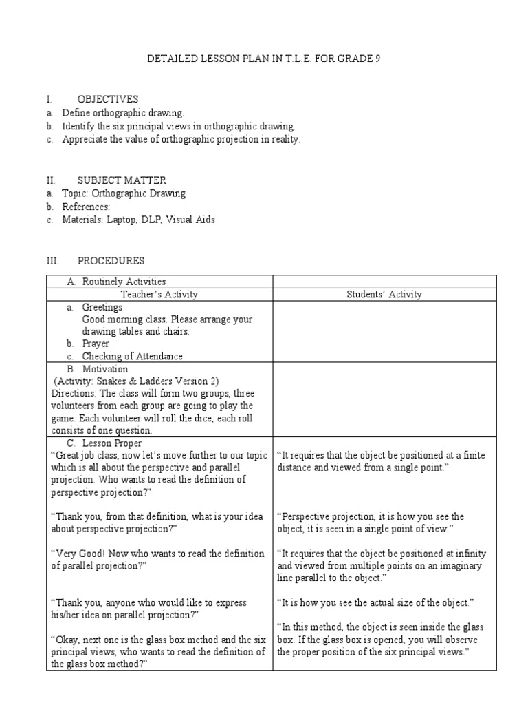 Lesson Plan in Orthographic | PDF | Perspective (Graphical) | Drawing
