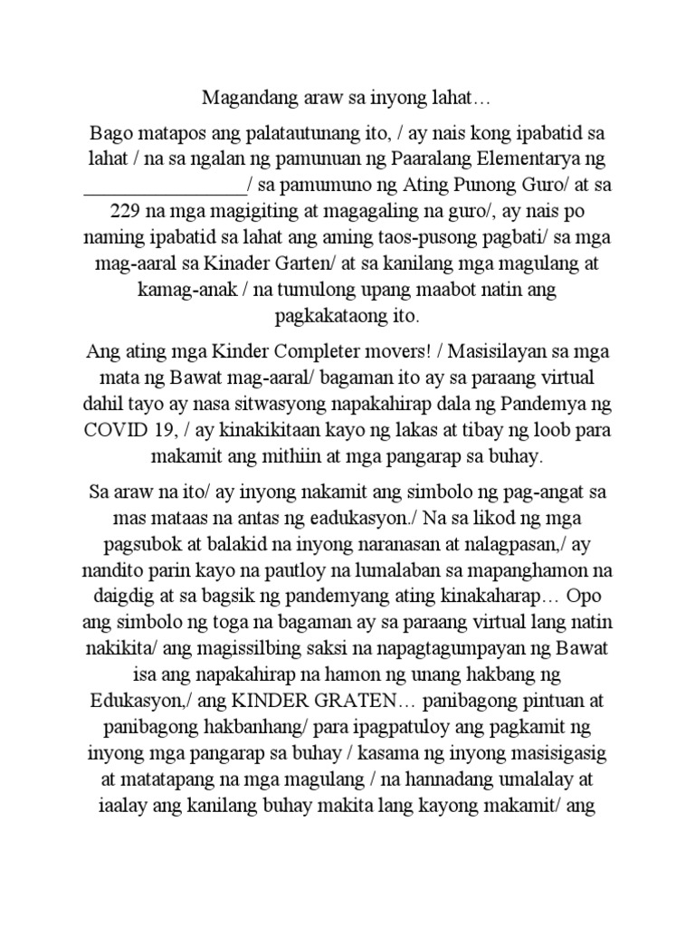 Panapos Na Mensahe Sa Moving Up Ceremony | PDF