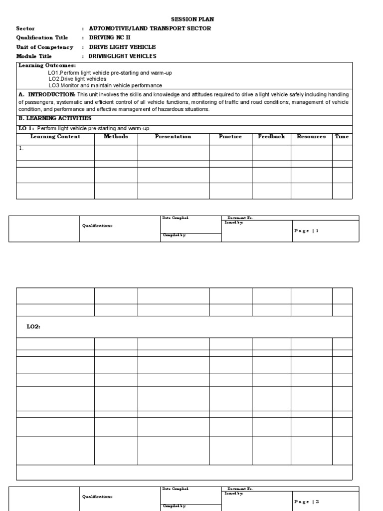 Driving Light Vehicle Session Plan | PDF | Pedagogy | Teaching