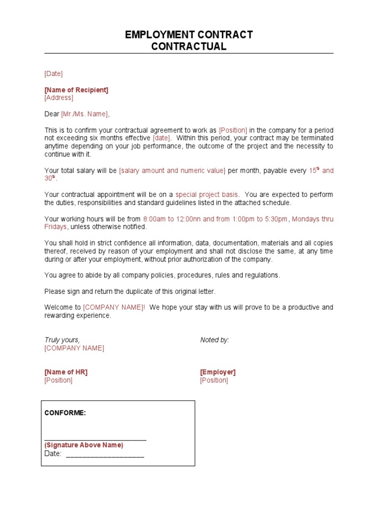 Employment Contract Contractual: (Date) | PDF