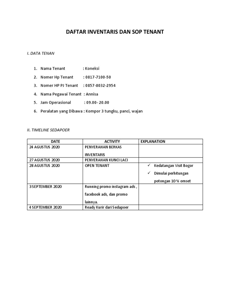Daftar Inventaris Dan Sop Tenant | PDF