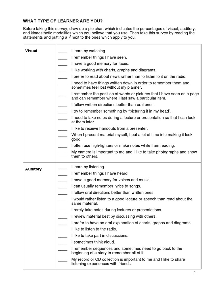 Learner Type Assessment Quiz | PDF | Psychology | Human Nature
