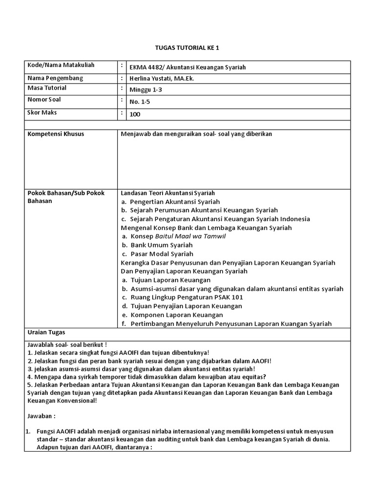 Tugas Tutorial Ke 1: EKMA 4482/ Akuntansi Keuangan Syariah: Herlina ...
