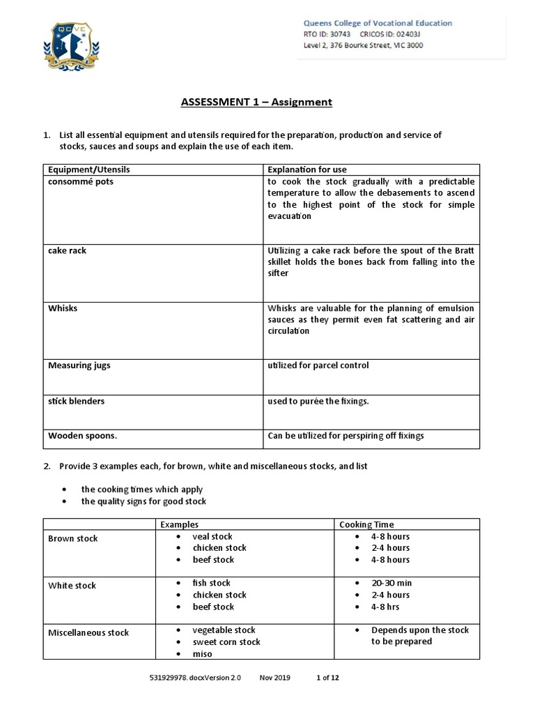 ASSESSMENT 1 SITHCCC007 Prepare Stocks Sauces and Soups | PDF | Stock ...