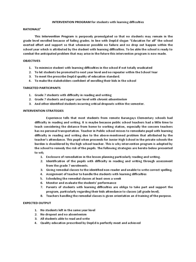 INTERVENTION PROGRAM For Students With Learning Difficulties | PDF ...