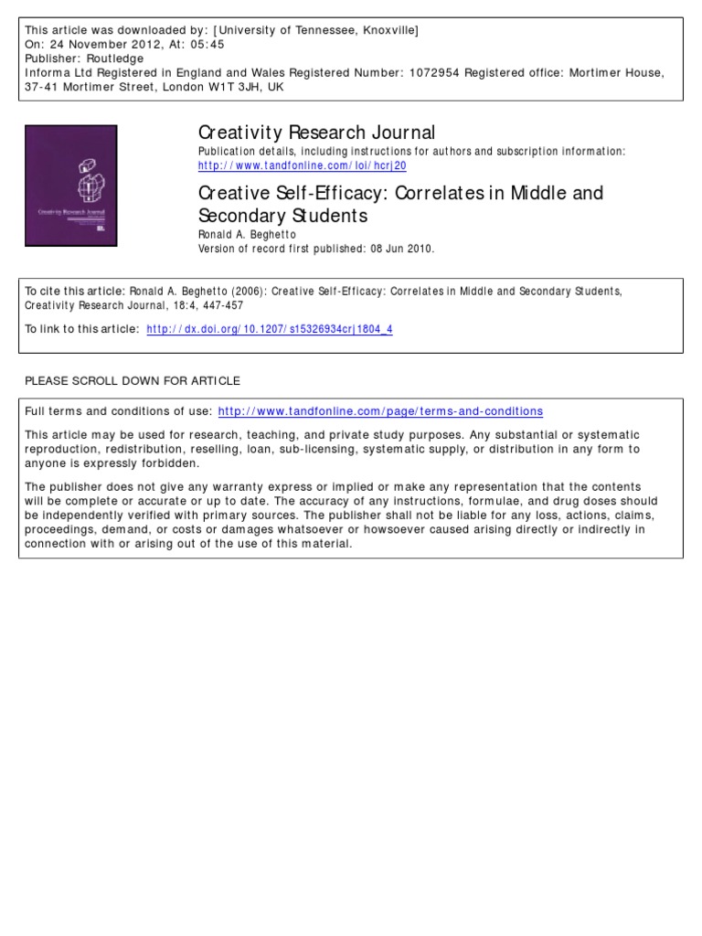 Creative Self-Efficacy Scale (See P. 450) | PDF | Self Efficacy ...