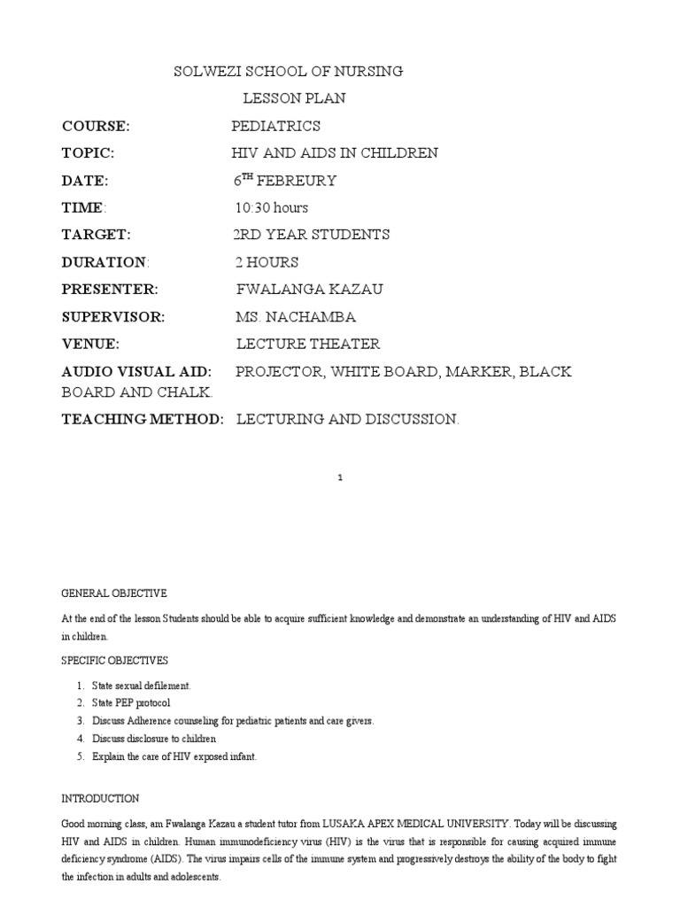 HIV and AIDS in Children: Lesson Plan | PDF | Hiv/Aids | Management Of ...