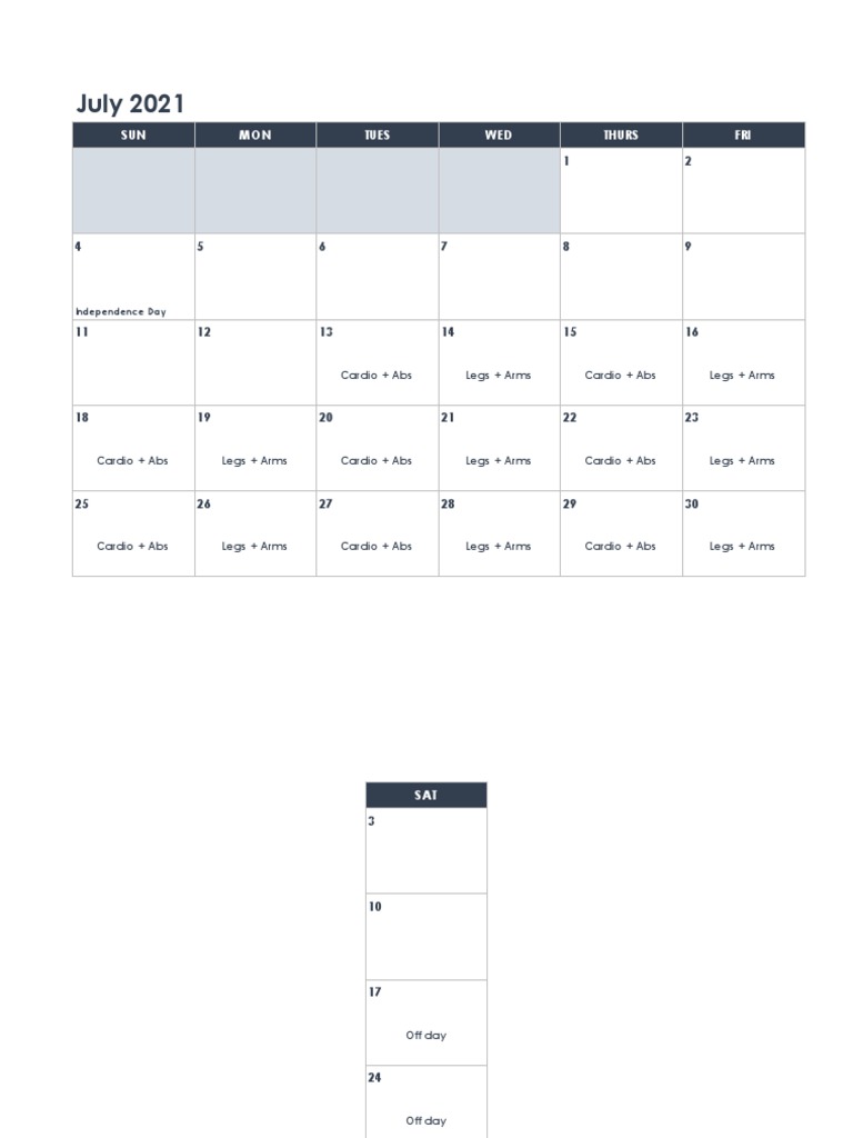 Workout Calendar - Jul 2021 | PDF