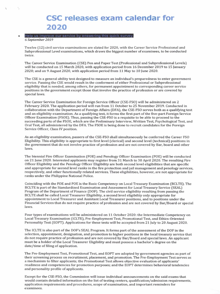 Civil Service Exam Schedule for CY 2020: Requirements for the CSE-PPT ...