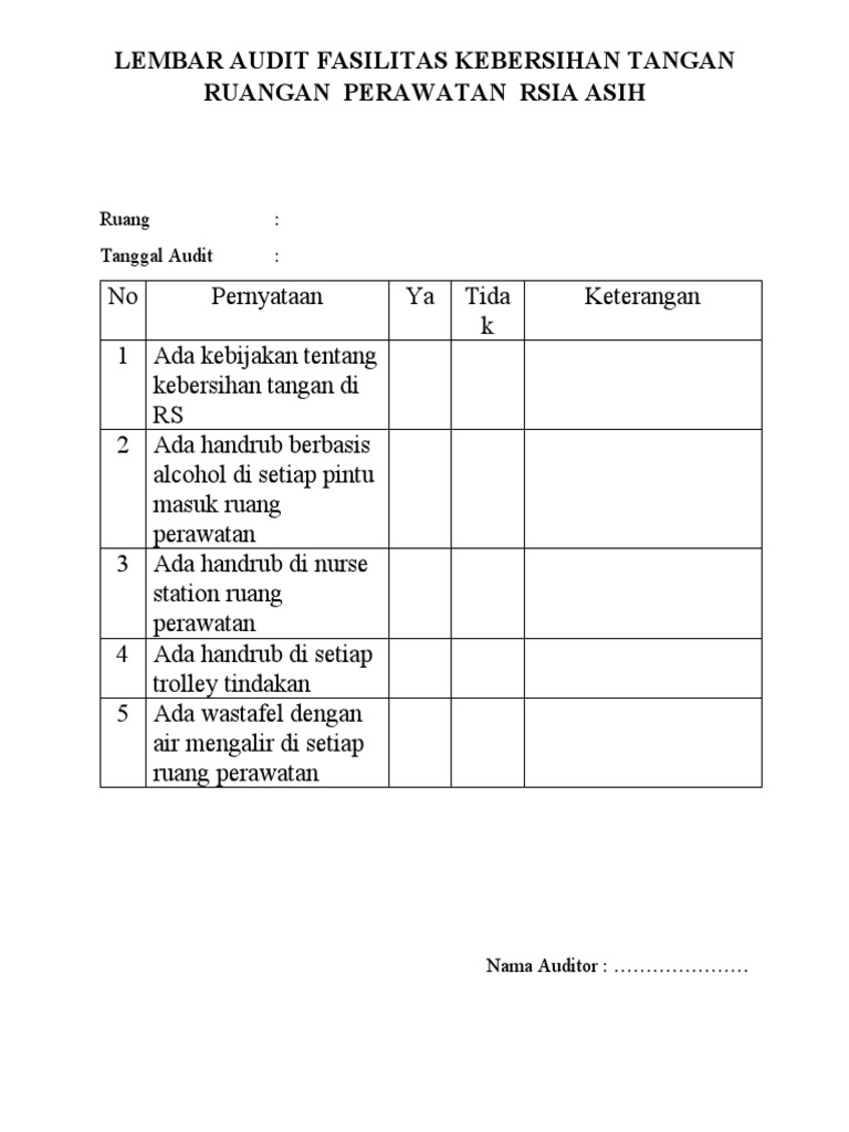 Lembar Audit Fasilitas Kebersihan Tangan Ruangan VK Rsia Asih | PDF