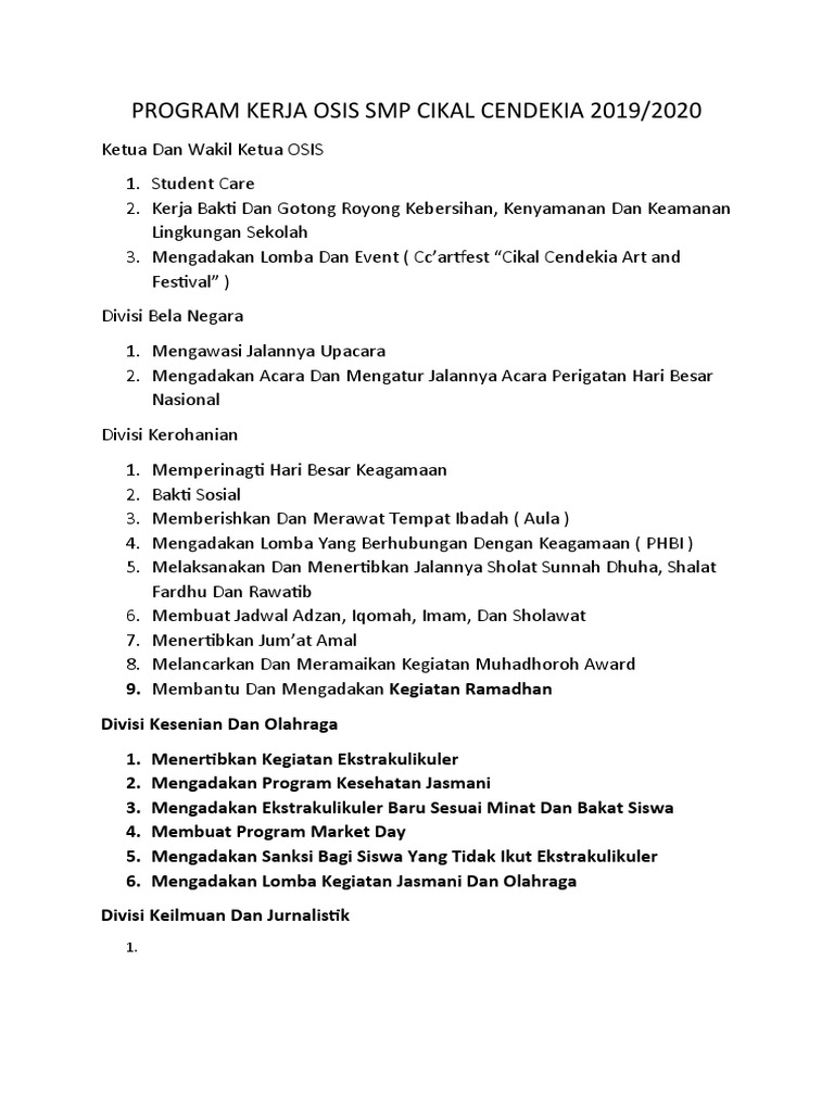 Program Kerja Osis SMP Cikal Cendekia 2019 | PDF