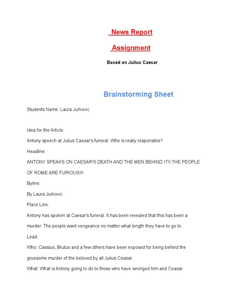 Brainstorming Sheet: News Report Assignment | PDF | Julius Caesar | Crime Thriller