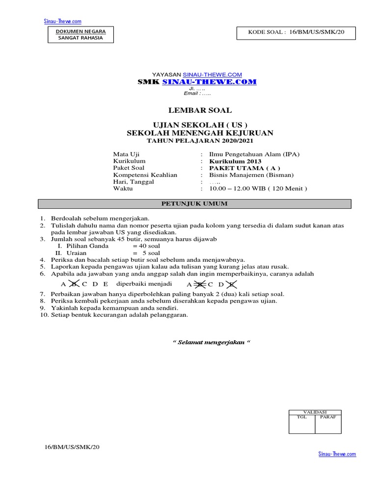 Naskah Soal Ujian Sekolah IPA Tahun 2020-2021 Paket A | PDF
