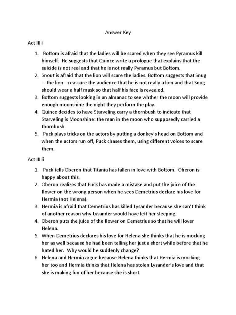 Act III-V Answer Key for Students | PDF | A Midsummer Night's Dream