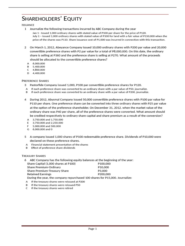Share Holder Equity - Exercise | PDF | Preferred Stock | Treasury Stock