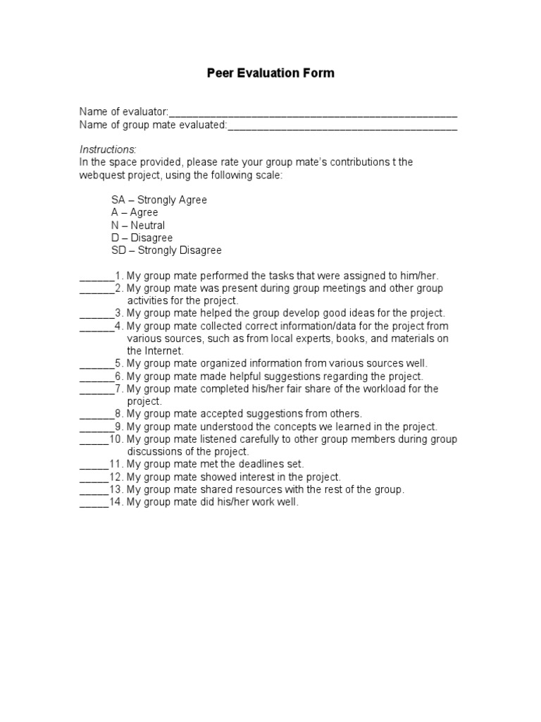 Peer Evaluation Form: Instructions | PDF