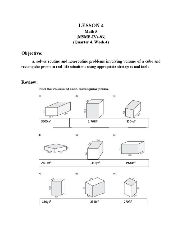 Supplementary Material in Math 5 Quarter 4 Week 4 | PDF | Volume | Length