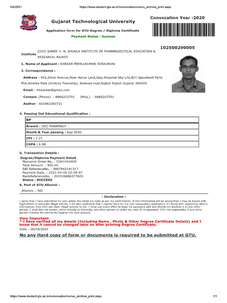 GTU Convocation Form and Payment Details | PDF