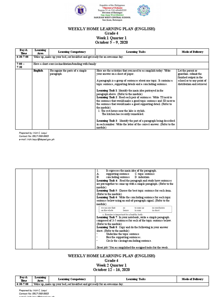 Grade 4 Weekly English Learning Plan | PDF | Paragraph | Word