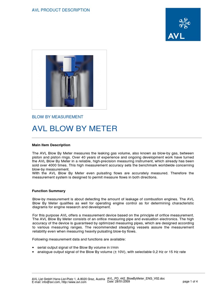 AVL Blow by Meter Product Description | PDF | Flow Measurement | Metrology