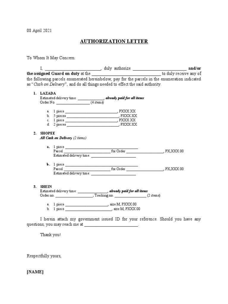 Authorization Letter - Online Shopping - Deliveries | PDF | Finance ...