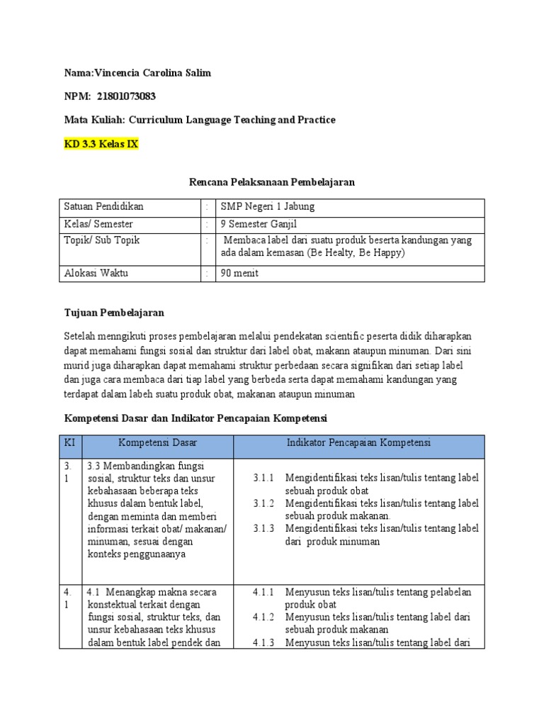 Rencana Perencanaan Pembelajaran Bahasa Inggris Kelas 9 SMP | PDF