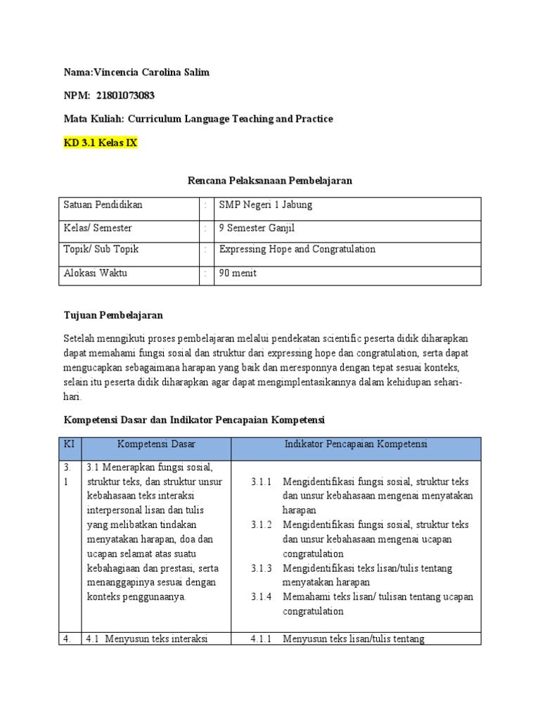 Rencana Perencanaan Pembelajaran Kelas 9 SMP | PDF