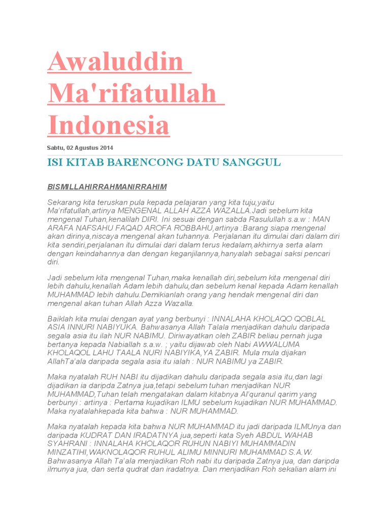 Isi Kitab Barencong Datu Sanggul | PDF