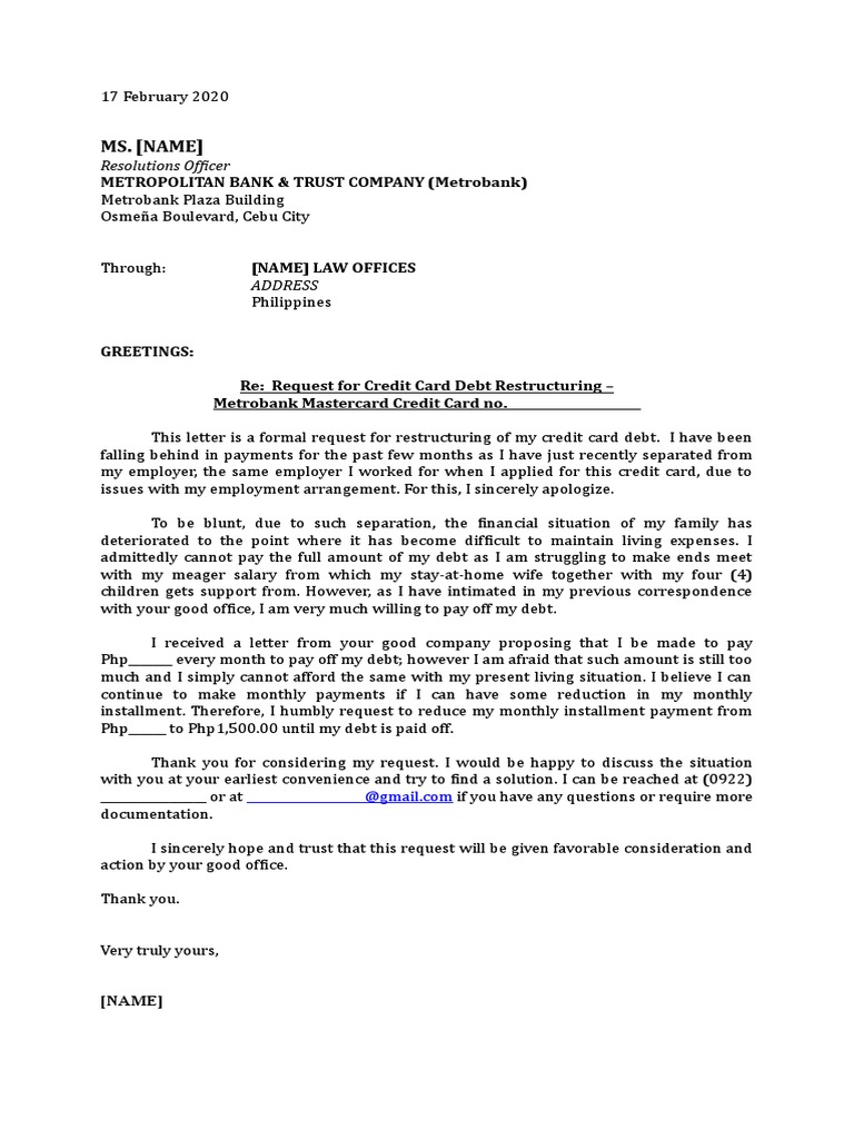 Letter Request-Metrobank-Credit Card Debt Restructuring | PDF