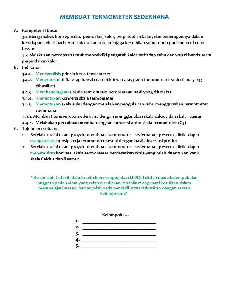Membuat Termometer Sederhana LKPD | PDF