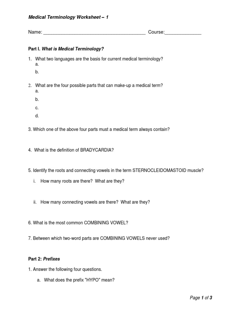 Medical Terminology Worksheet 1 | PDF | Medical Specialties | Medical